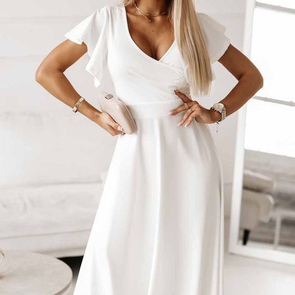 SYNZ | Dresses | Flutter Sleeve Surplice Midi Dress | Poshmark